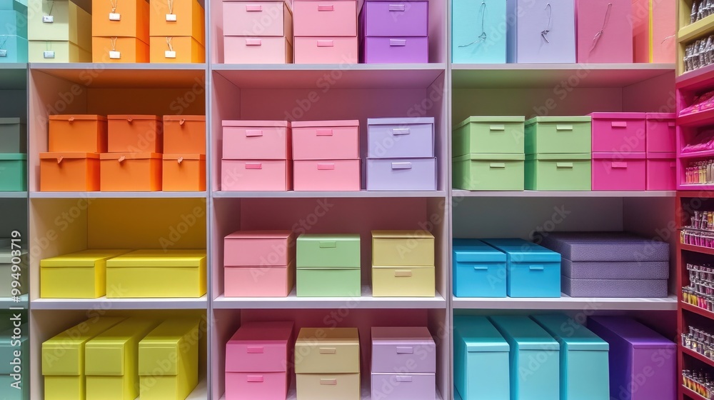 Rows of colorful boxes in a retail store, neatly stacked and organized ...