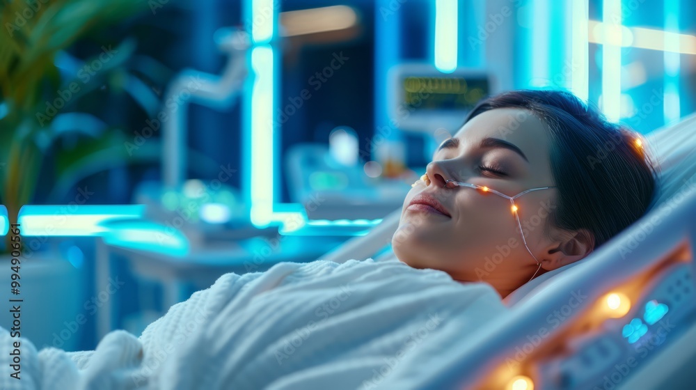 Patient in a regenerative medicine treatment room with advanced biotech ...