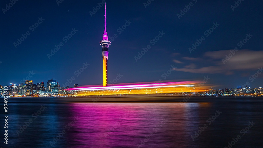 Auckland Sky Tower illuminated at night with colorful lights and ...