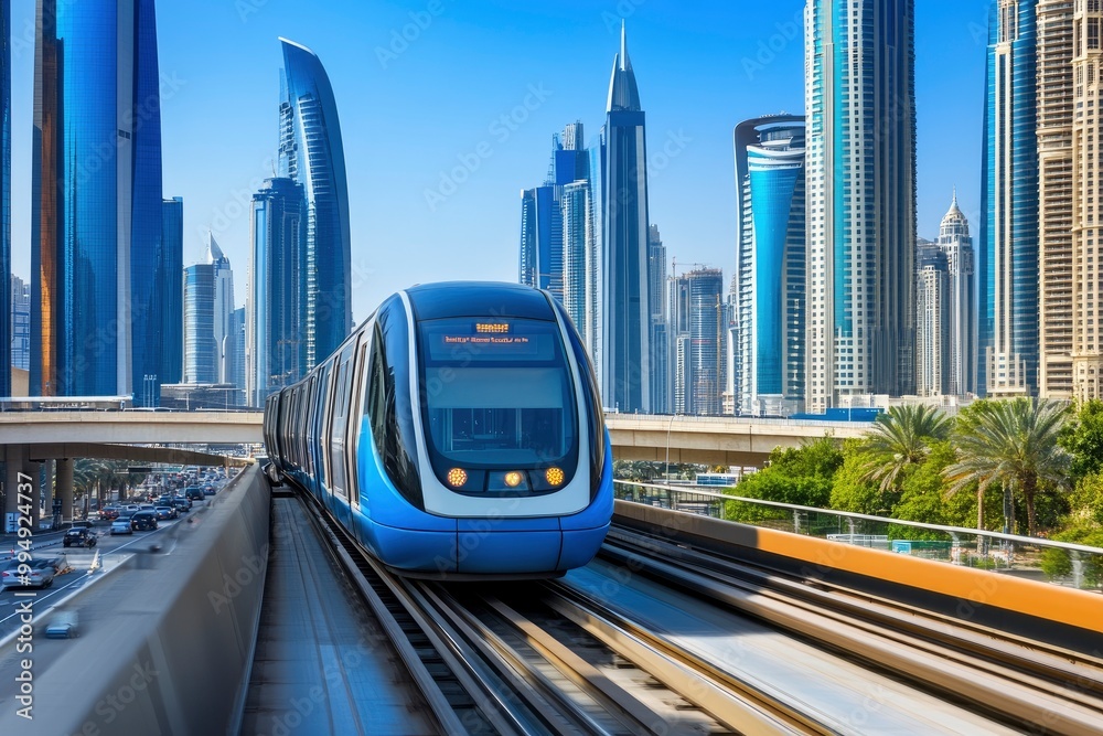Monorail Subway train rides among glass skyscrapers in Dubai. Traffic ...