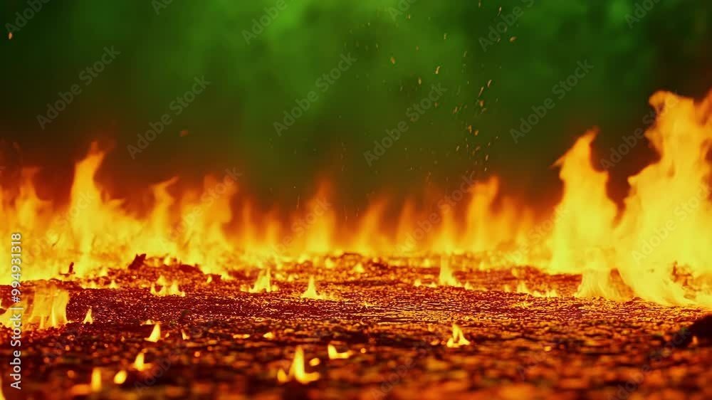 Flames burning intensely on the ground with sparks flying and a green ...