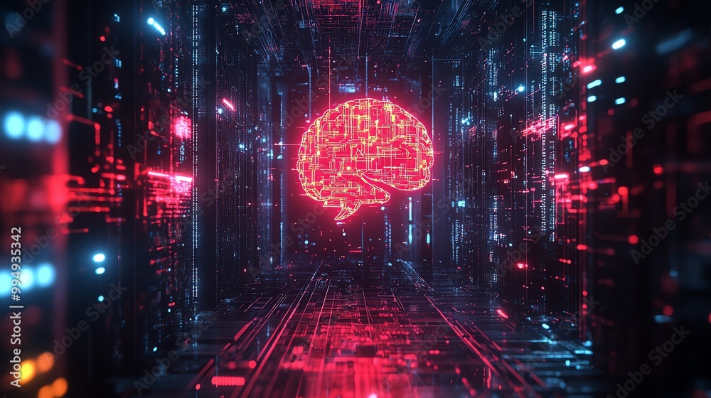 Advanced AI supercomputer with a glowing digital mind core, encased in ...