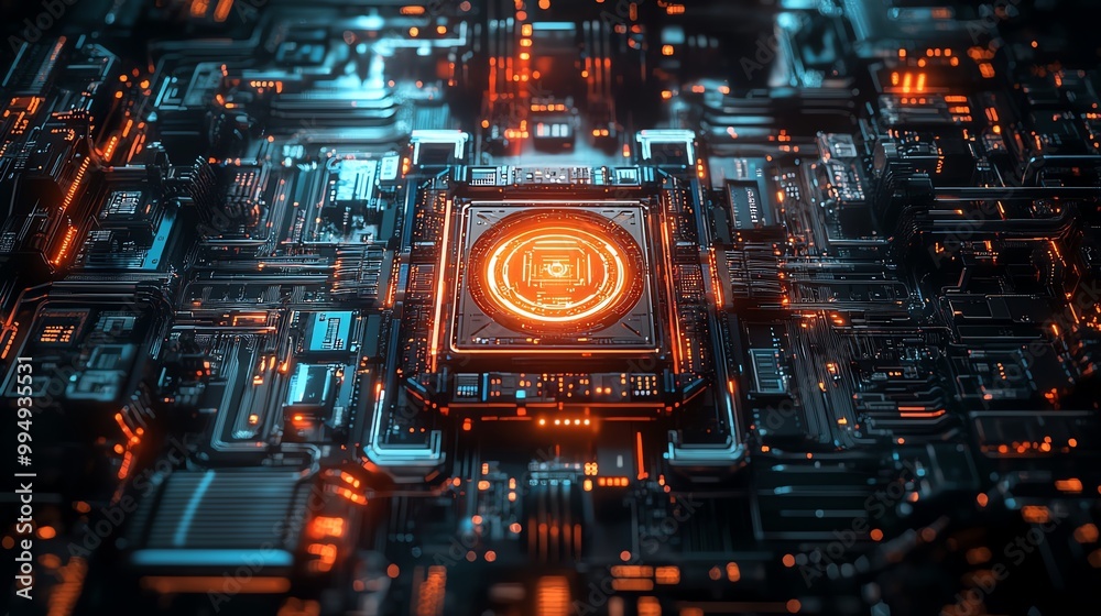 Massive futuristic supercomputer with glowing AI core, surrounded by ...