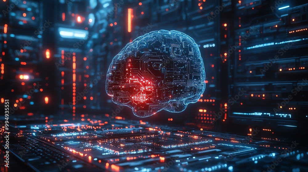Scifi supercomputer with an AI brain at its core, glowing in neon blue ...