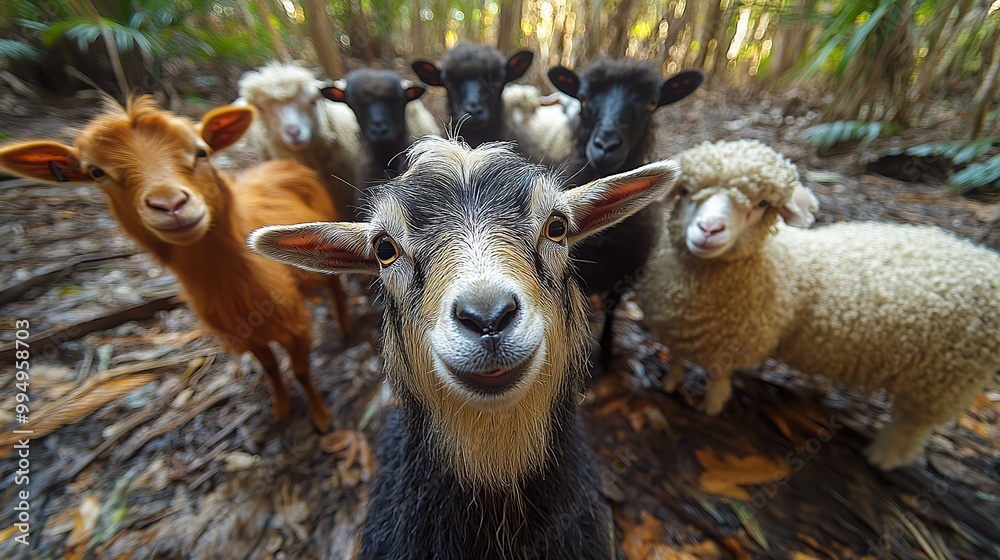 Smiling goats and sheep pose for a funny selfie, their happy faces ...