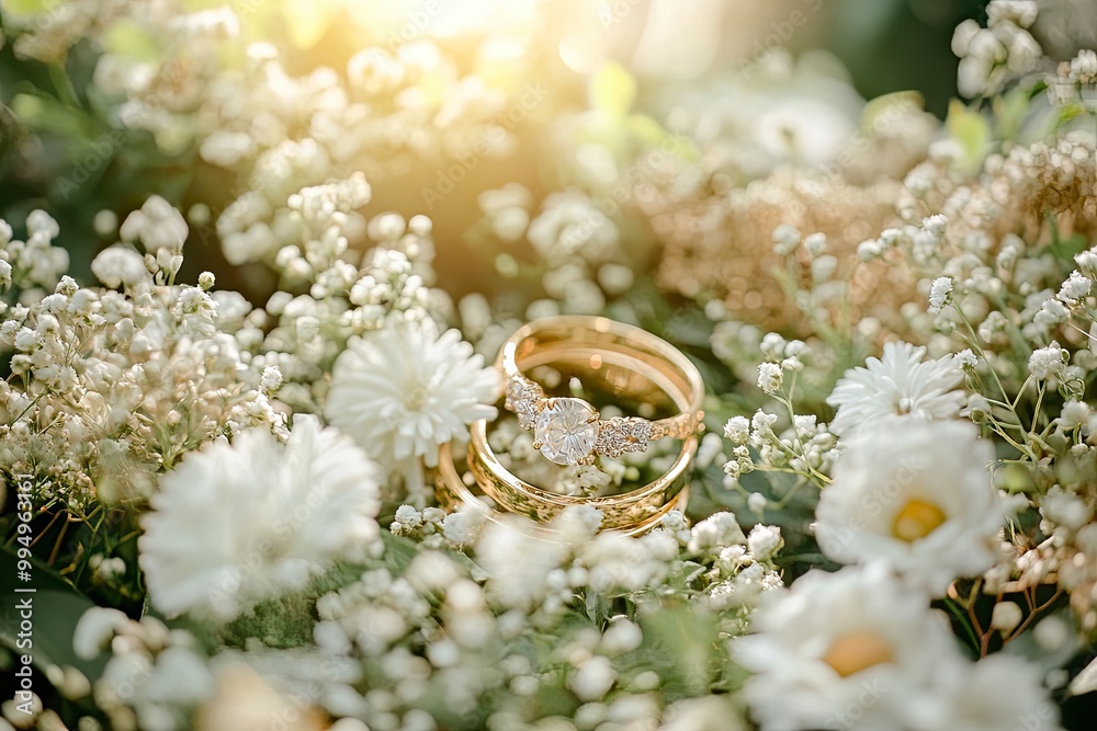 Sebuah cincin pernikahan ditempatkan secara elegan di atas daun hijau ...