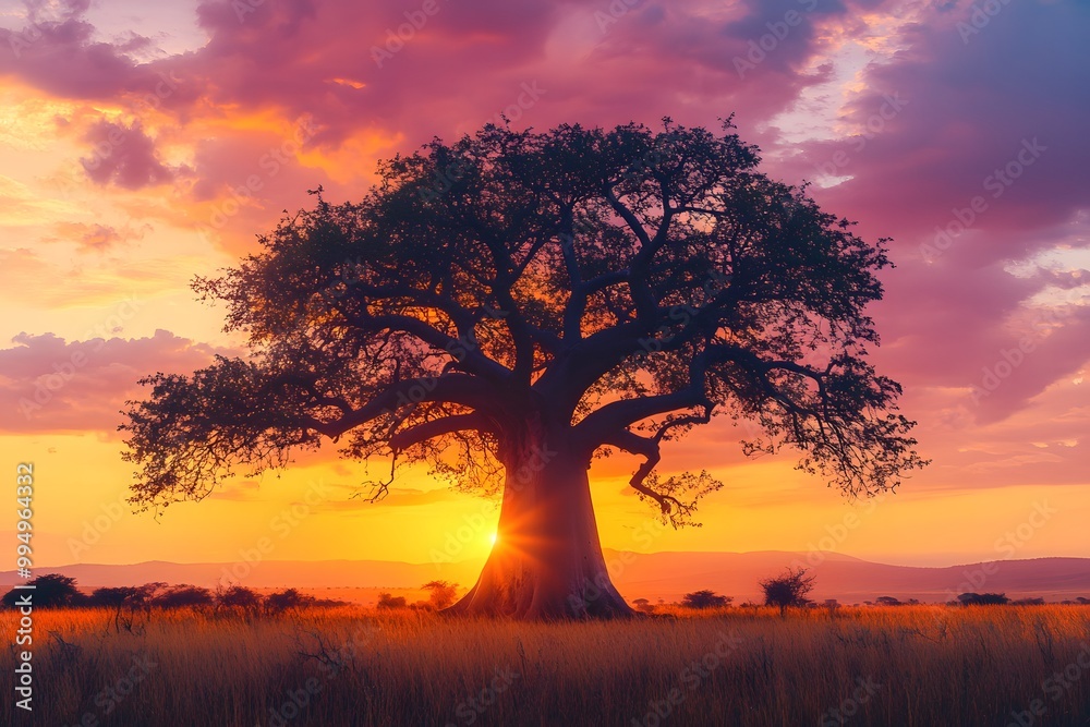 A massive baobab tree with its thick, towering trunk and branches like ...