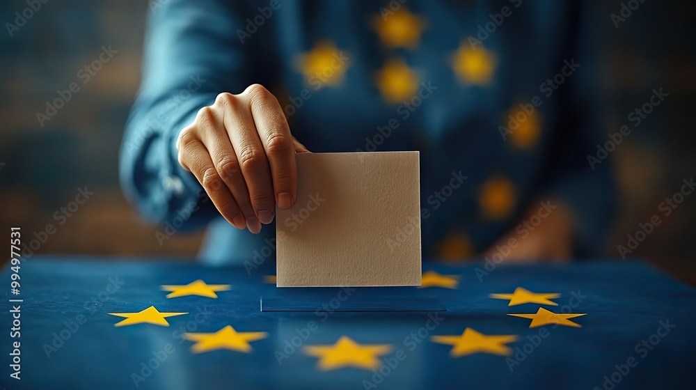 Voting for the European Union election, with a hand placing a ballot ...