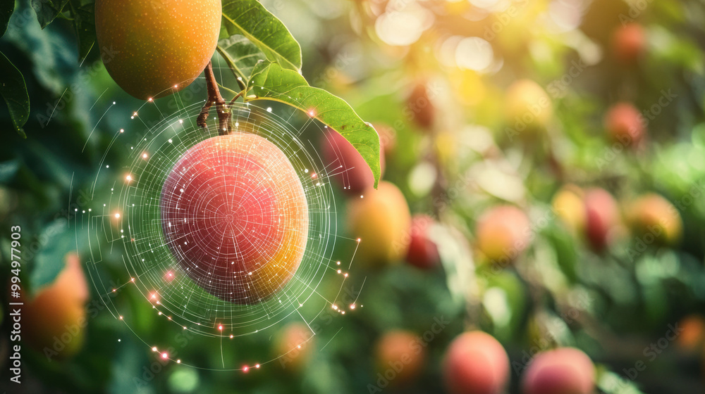 Mangoes hanging on trees are depicted with digital overlay representing ...