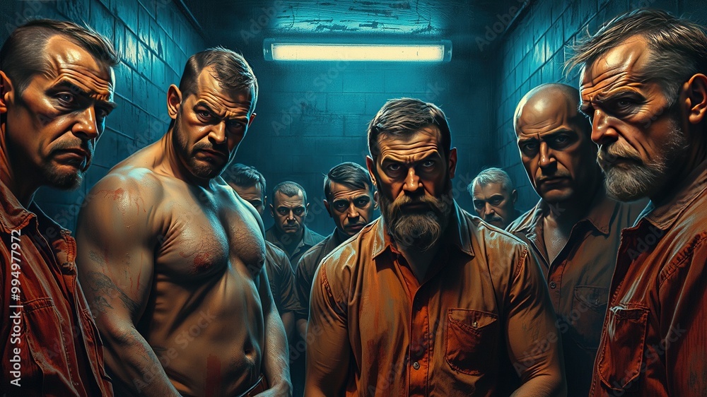 A dimly lit prison cell reveals a group of ripped and physically ...