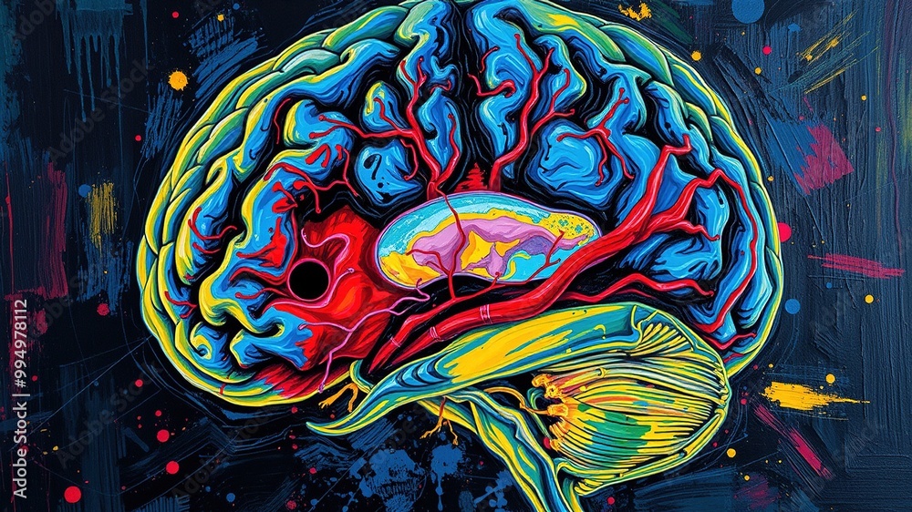 A detailed illustration depicts the inner workings of the brain ...