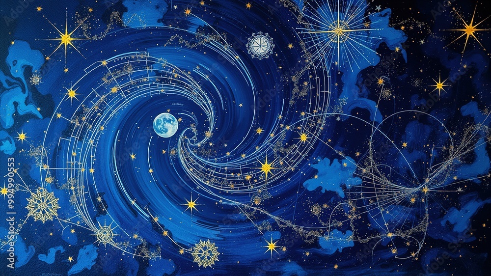 Delicate, luminous star charts swirl across midnight blue backgrounds ...