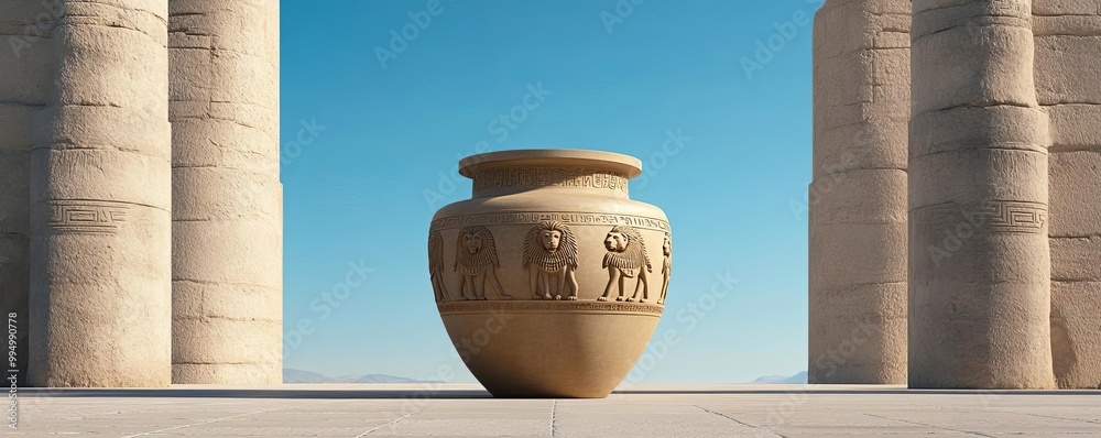 Ancient jar with Assyrian lion guardian designs, under a towering stone ...