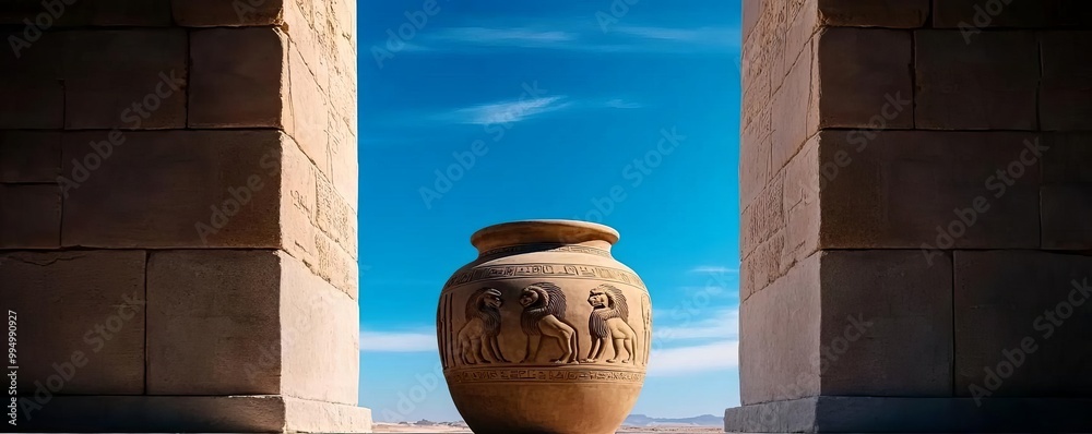 Ancient jar with Assyrian lion guardian designs, under a towering stone ...
