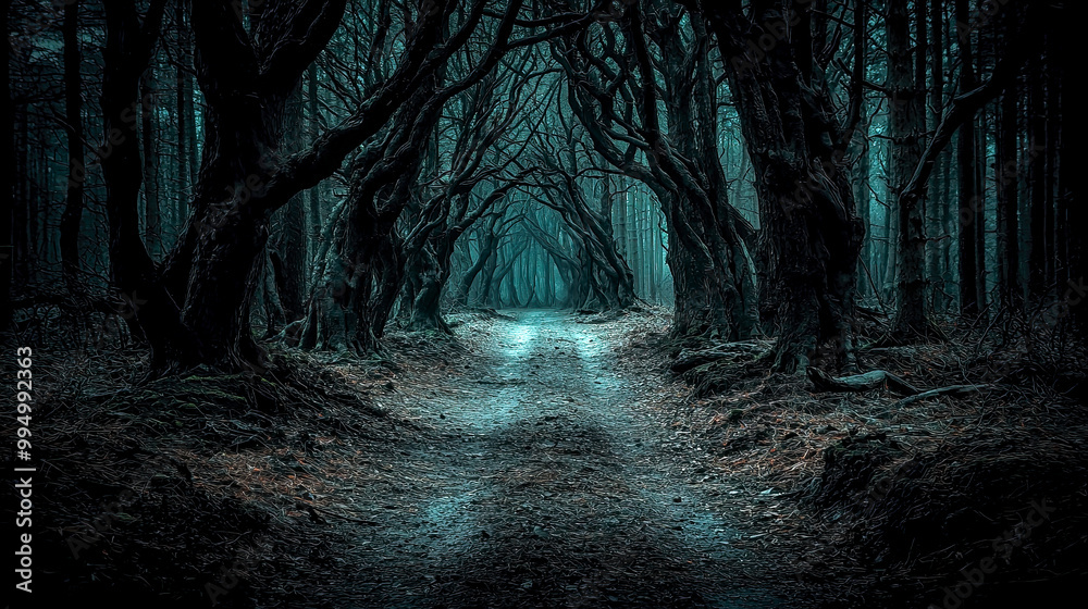 Dark spooky forest path gnarled trees branches, haunted woods ...