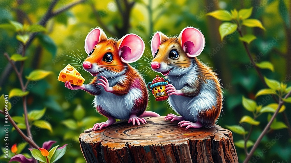 Two energetic, playful cartoon mice in bright colors, one holding a ...