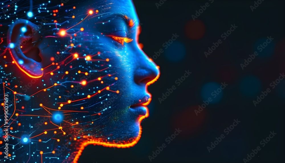 Futuristic human face illuminated by glowing neon network nodes and ...