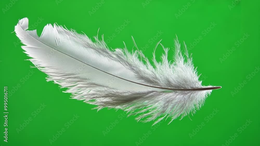 Single white bird feather is slowly falling down on a green screen ...