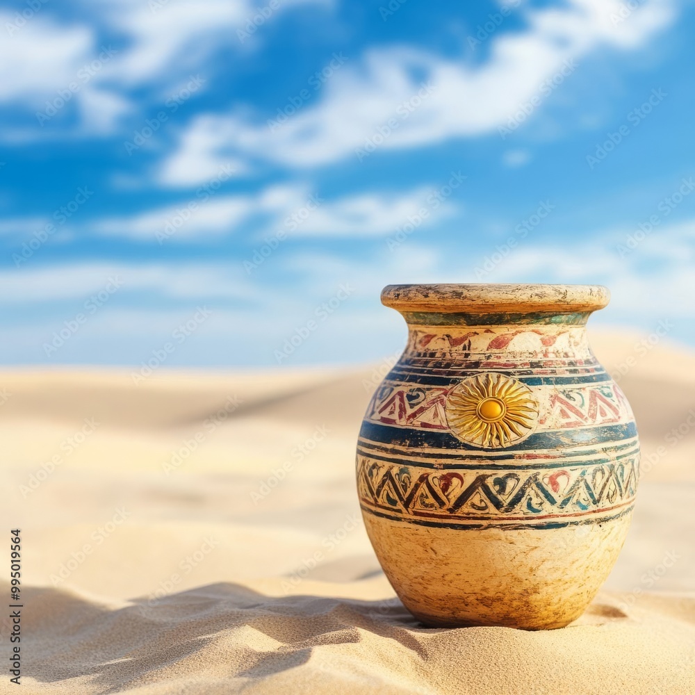 Mesopotamian ancient jar with sun god Shamash, half-buried in desert ...
