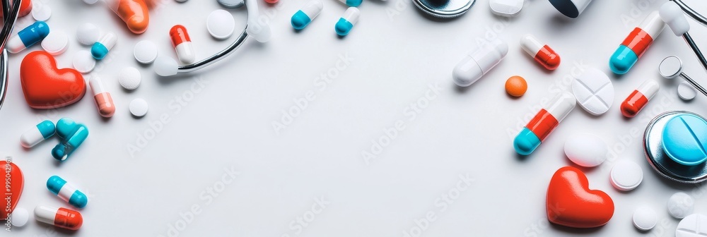 Medical and health frame border background with a stethoscope, pills ...