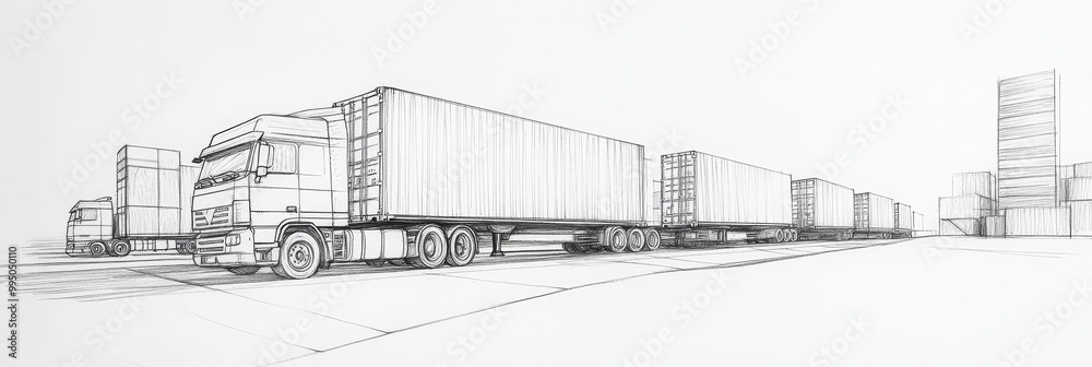 Single Line Pencil Drawing of a Logistics Truck with Shipping ...
