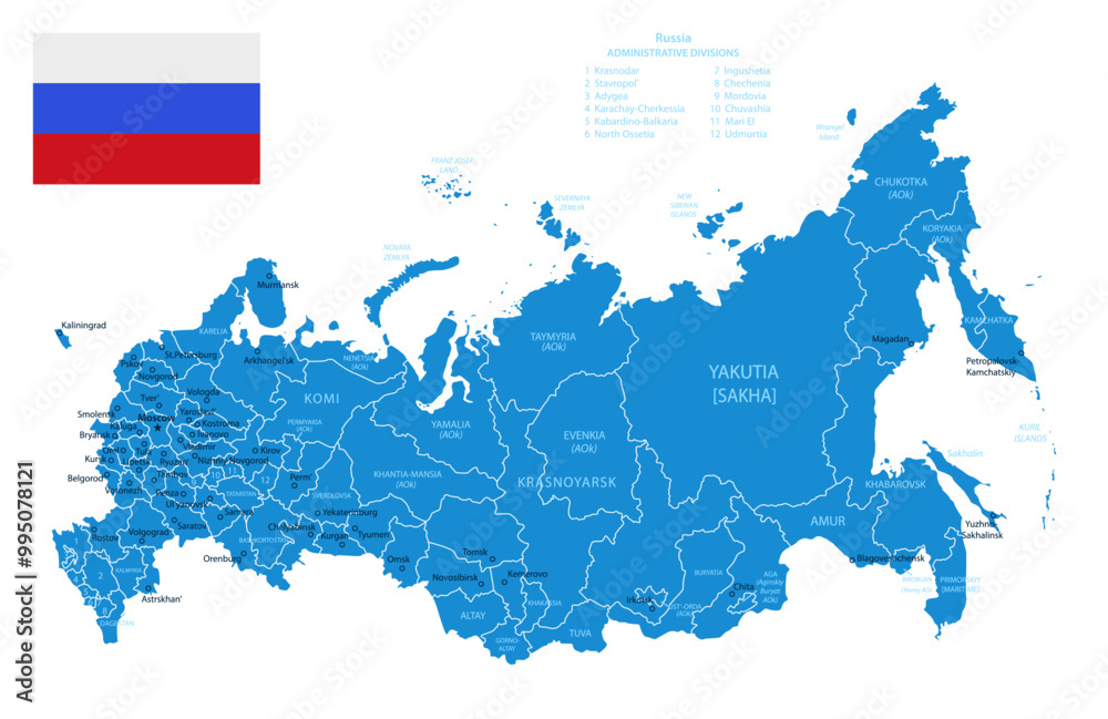 Russia - detailed blue country map with cities and regions. Vector ...