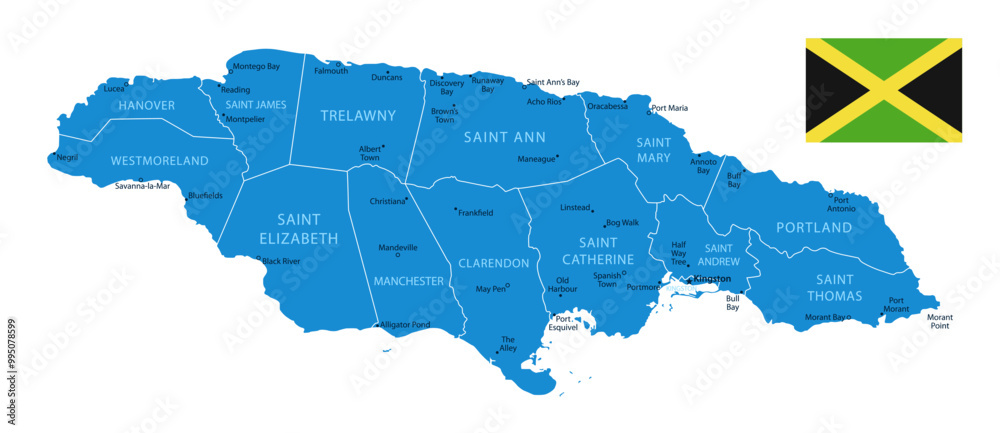 Jamaica - detailed blue country map with cities and regions. Vector ...