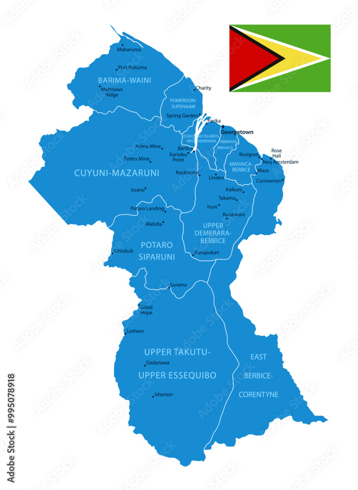 Guyana - detailed blue country map with cities and regions. Vector ...