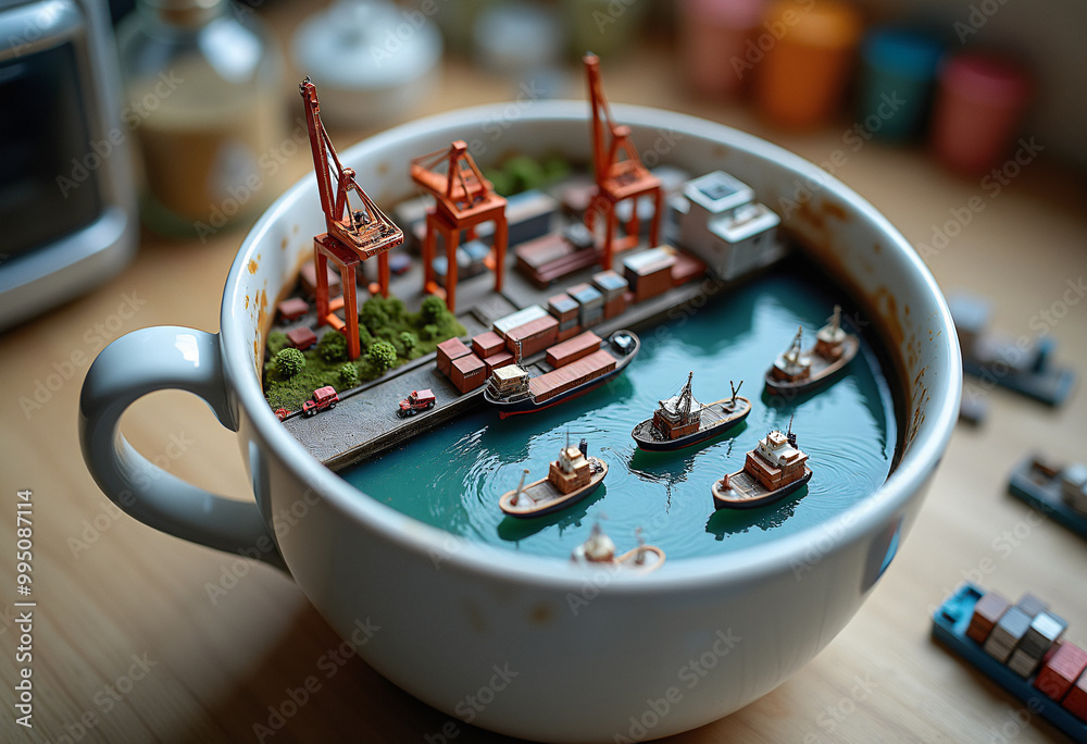 Diorama of a miniature port with ships, cranes, and containers set ...