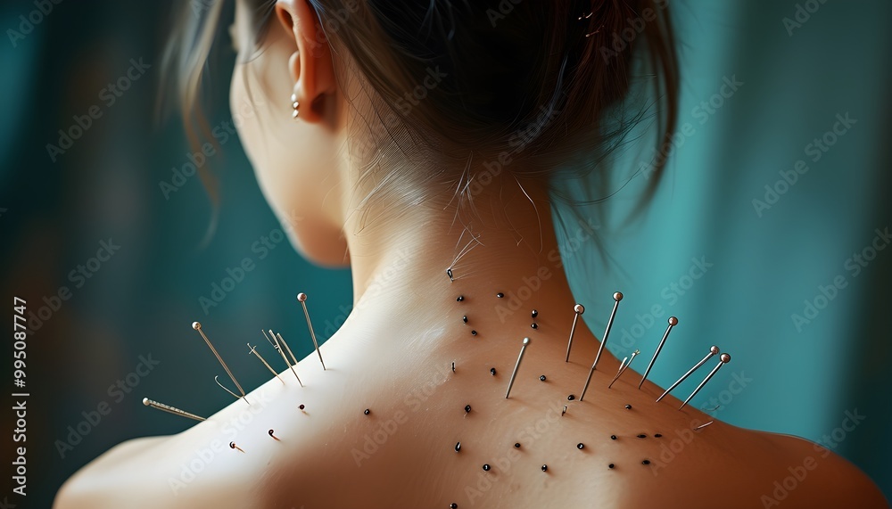 Acupuncture session highlighting needles on the back and neck of a ...