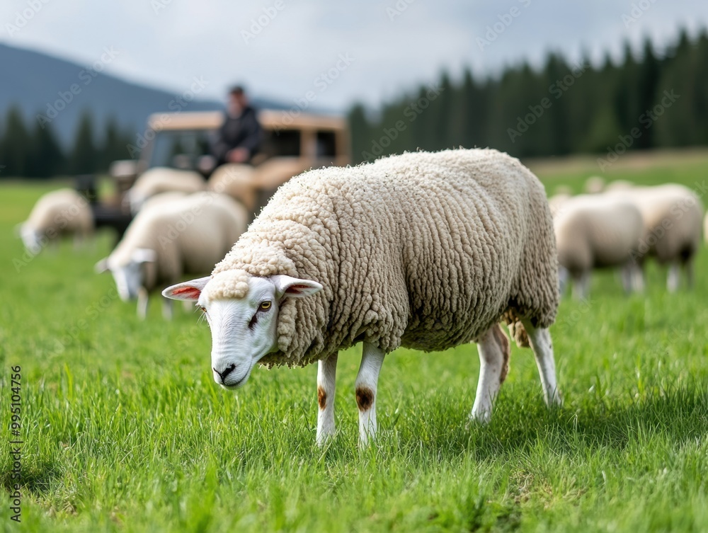 Photo & Art Print A fluffy sheep grazes peacefully in a green field ...