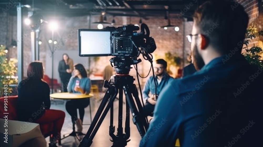 Behind-the-scenes view of a filming set where a crew sets up for an ...