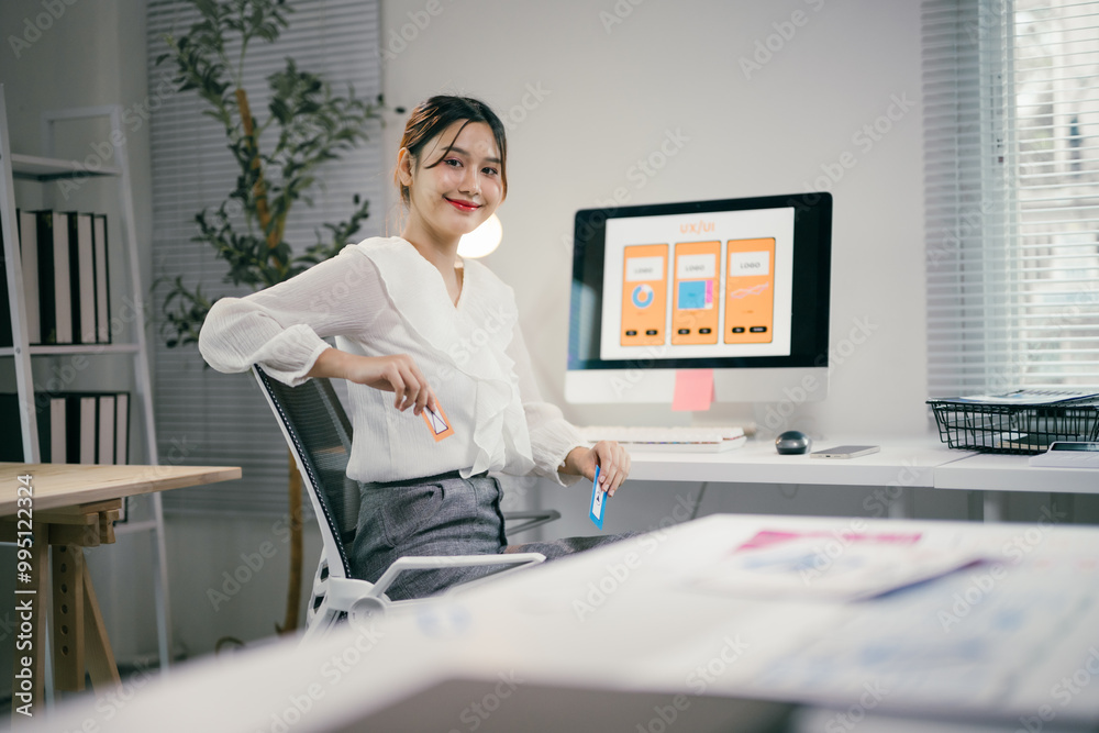 Asian ui ux designer is smiling while holding two wireframes for mobile ...