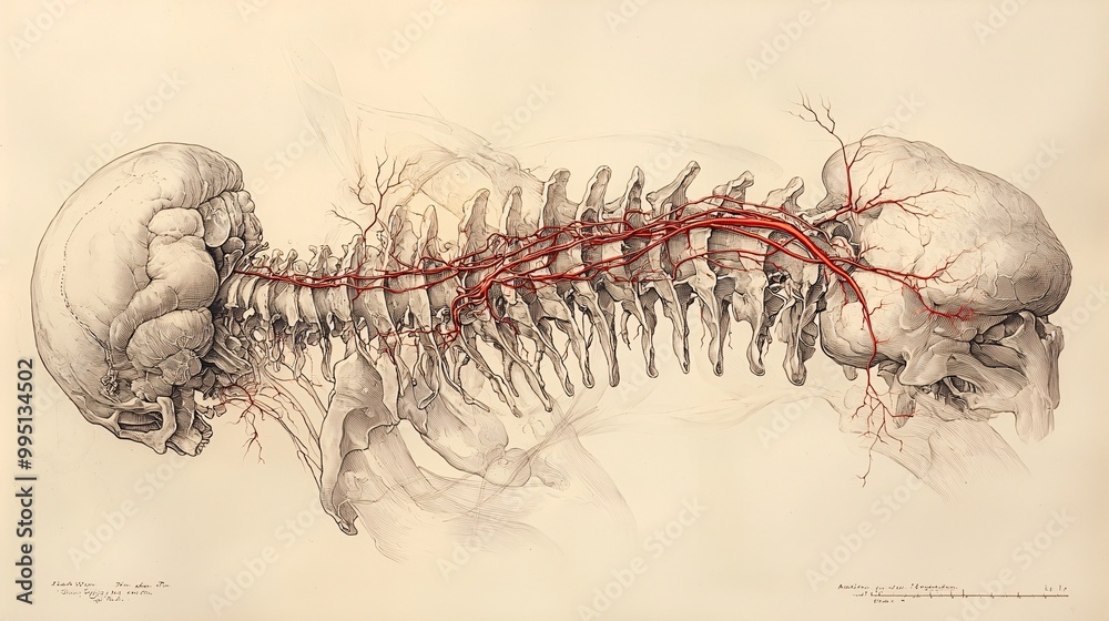 A diagram of the human spine and surrounding nerves, arteries, and ...