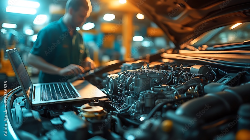 A mechanic running engine diagnostics on a laptop, standing next to a ...