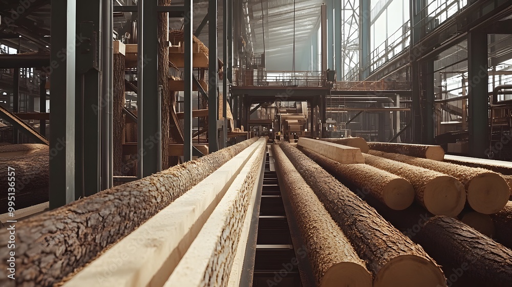 A long conveyor belt carries huge logs into an industrial sawmill. The ...