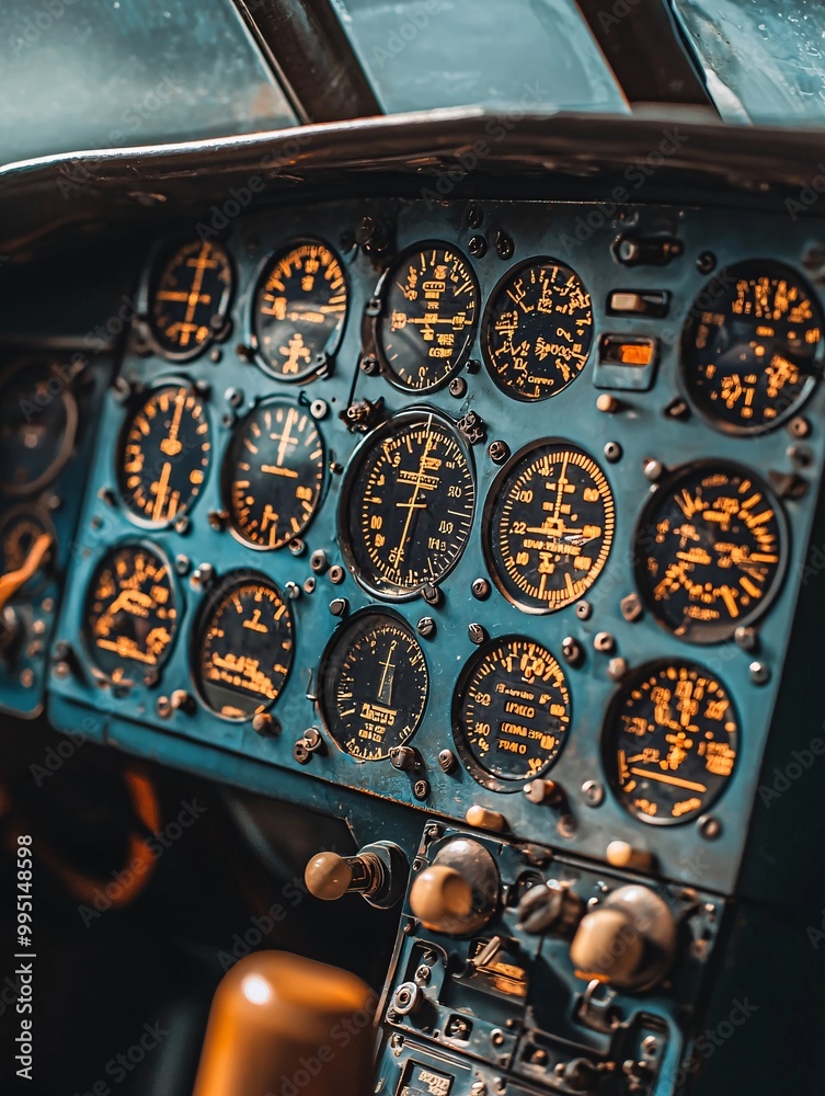 An intimate view of a cockpit reveals a complex airspeed gauge adorned ...