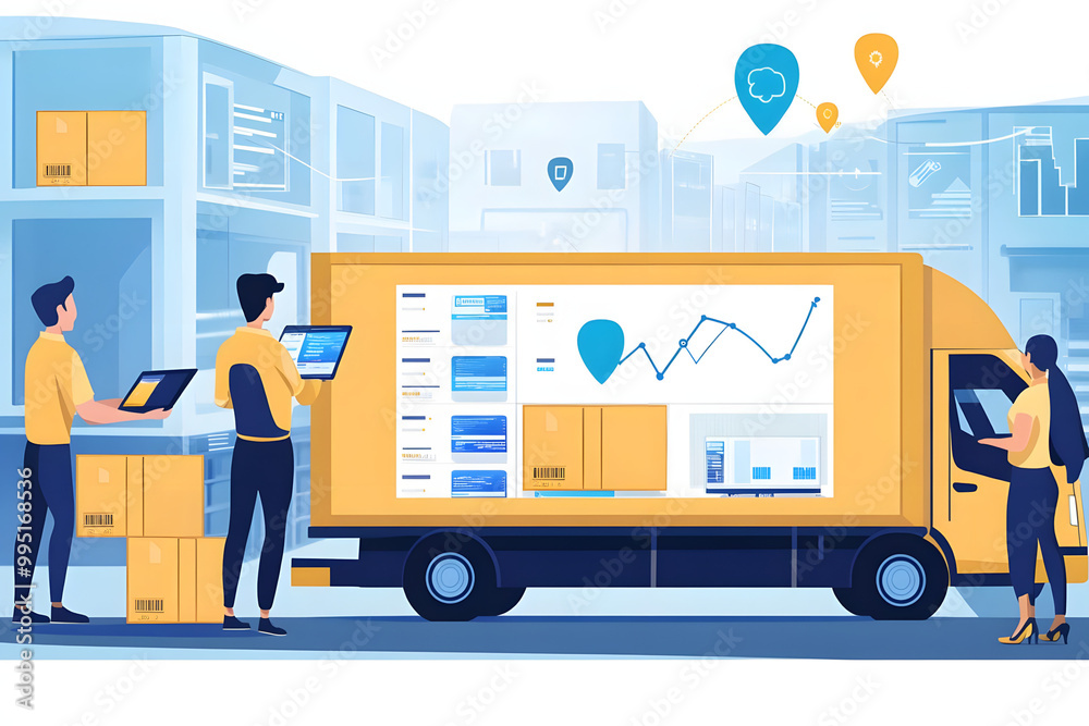 Logistics Team Managing Deliveries with Data Visualization on Truck in ...