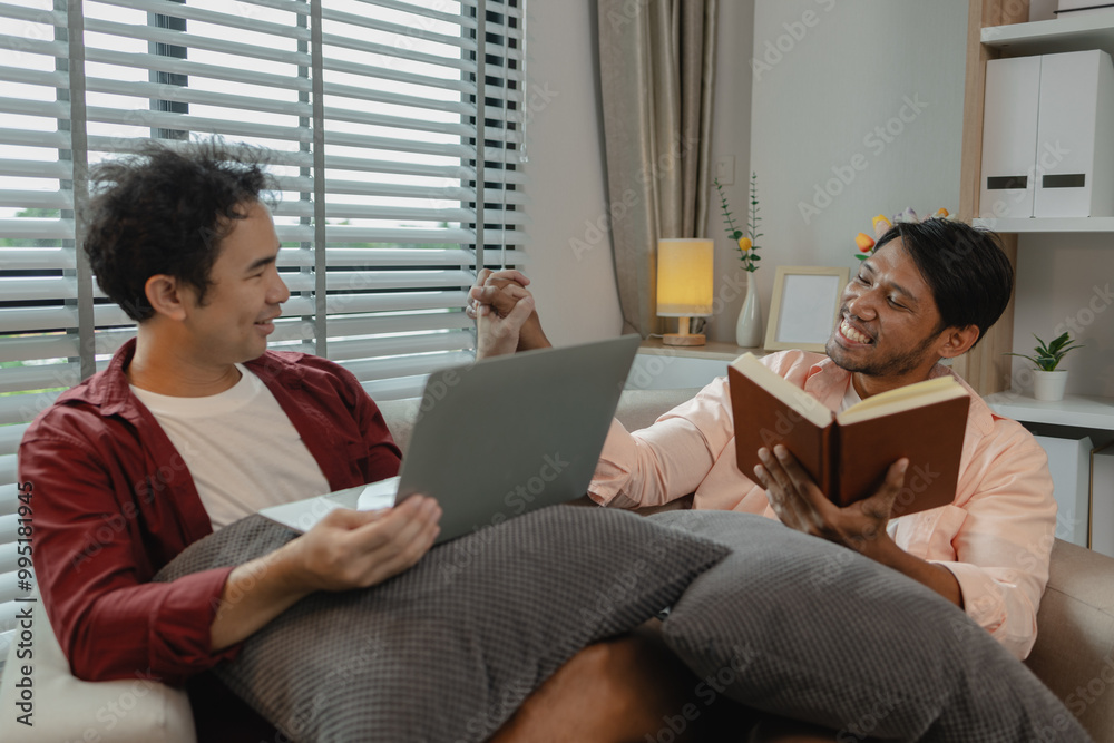 two beautiful guys spend their time together in the living room as a ...