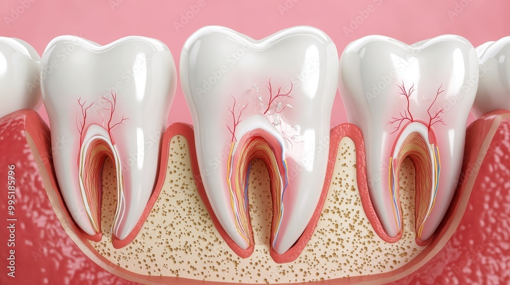 Dental anatomy, cross-section of tooth, detailed tooth root structure ...
