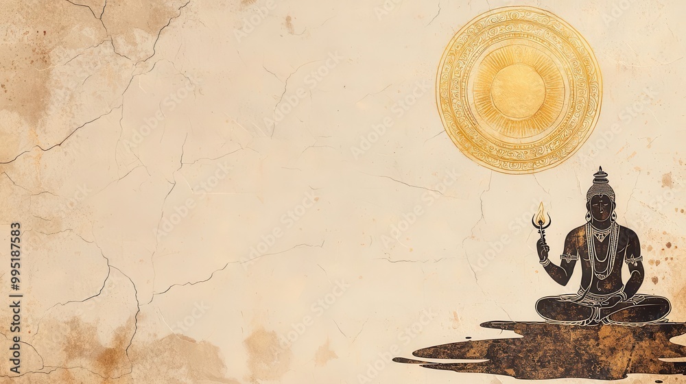 Ancient Indian manuscript showing Brahma, detailed ink and gold designs ...