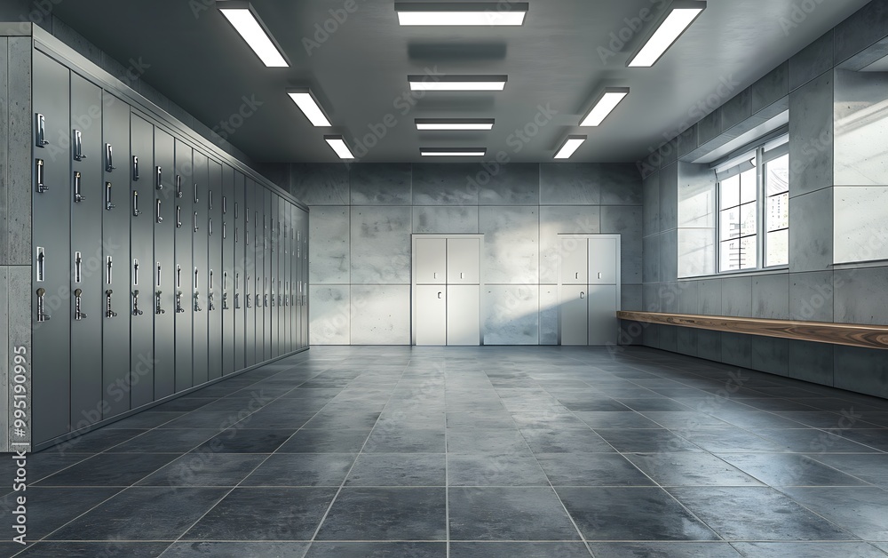Interior of modern locker room with wooden wall and tiled floor. Stock ...