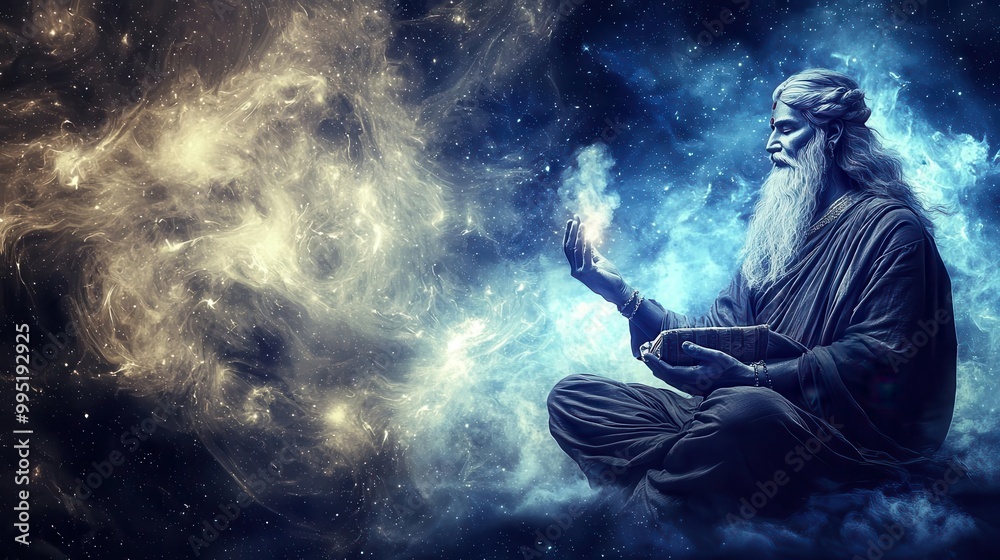 Fourarmed Brahma holding the Vedas, surrounded by swirling cosmic ...