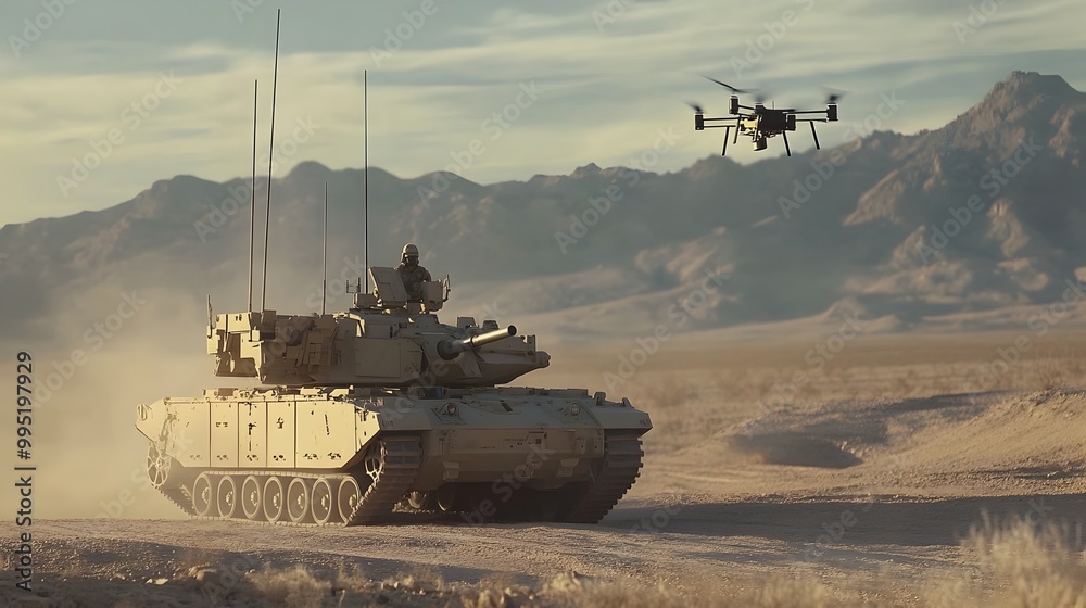 A heavily armored military tank deploying its advanced anti drone ...