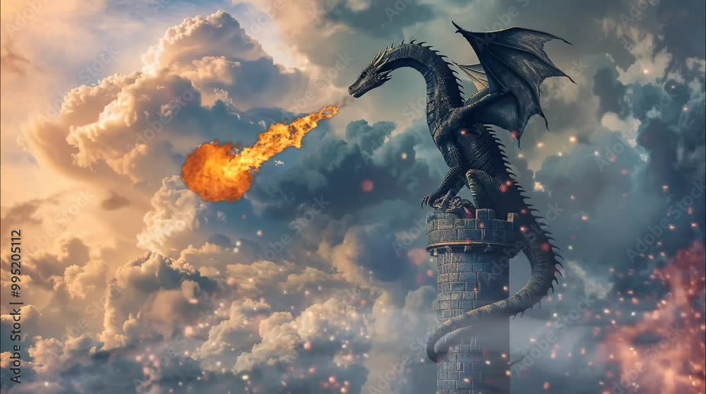 Majestic dragon perched on a tower breathing fire into the sky at ...