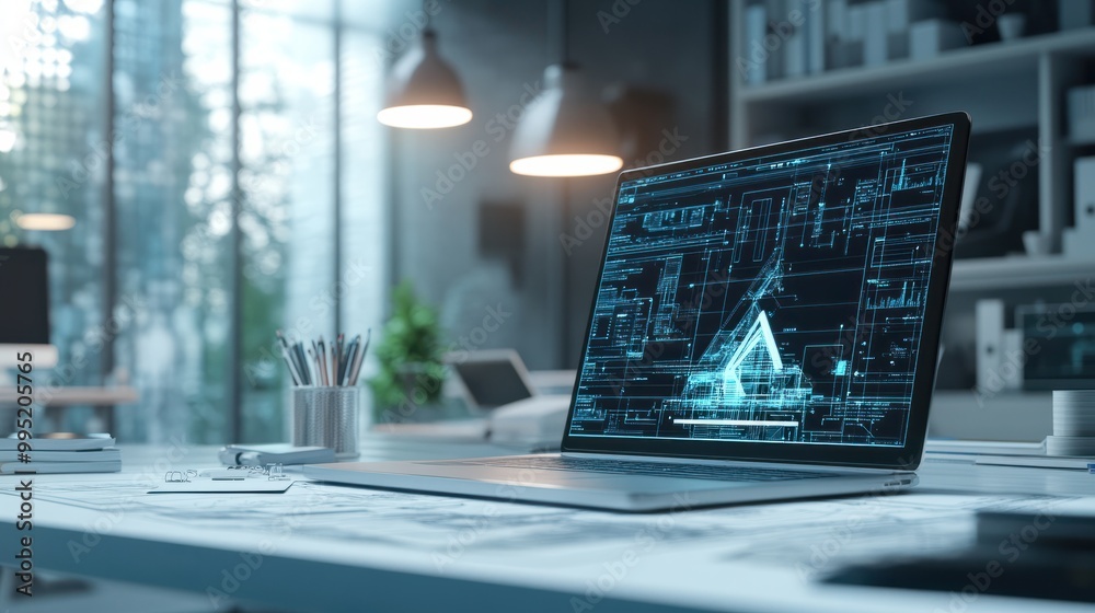 Digital blueprint by architecture design software on laptop screen with ...