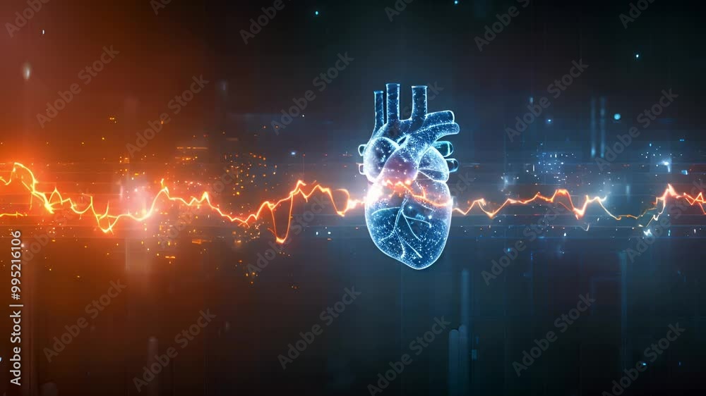 A heart symbol is displayed prominently in front of an ECG line ...