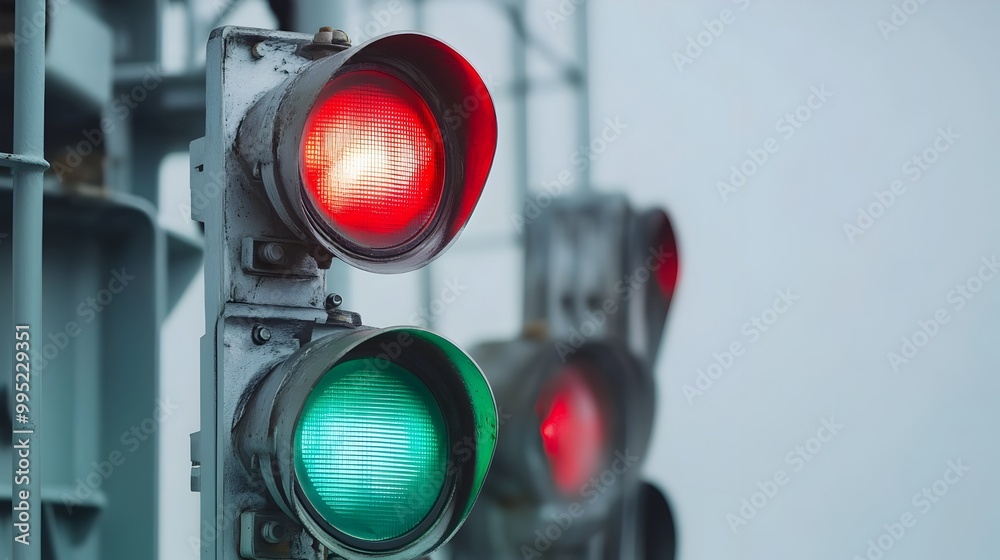 Detailed view of a marine signal light system at a busy harbor ...
