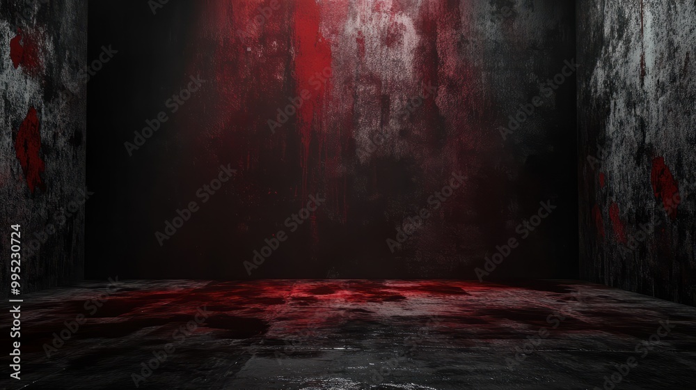 Black blood red horror background Interior room Concrete old wall floor ...