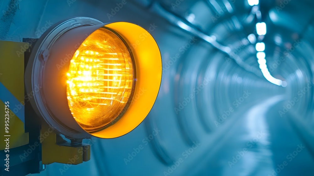 Flashing yellow traffic signal light installed in the tunnel to warn ...